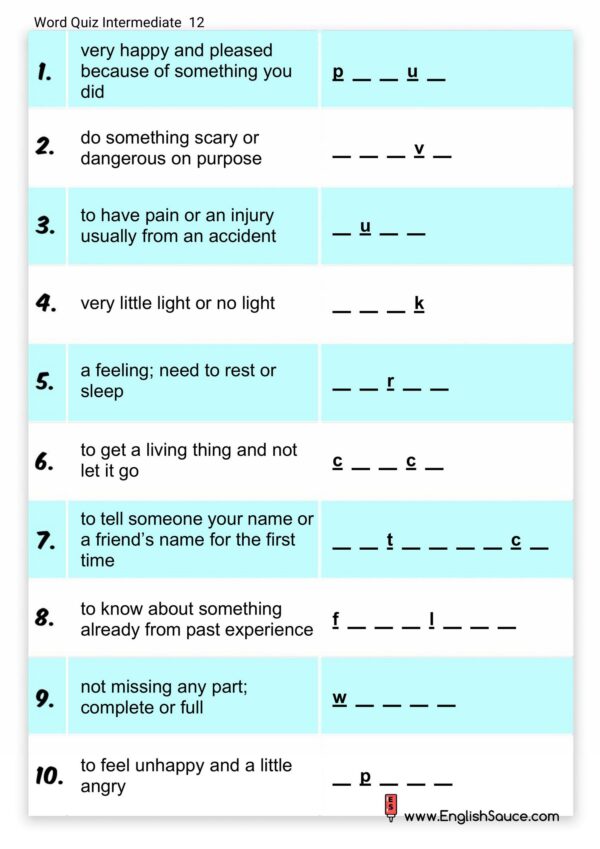 Worksheet – Vocabulary – Word Quiz – Intermediate – 12 - EnglishSauce