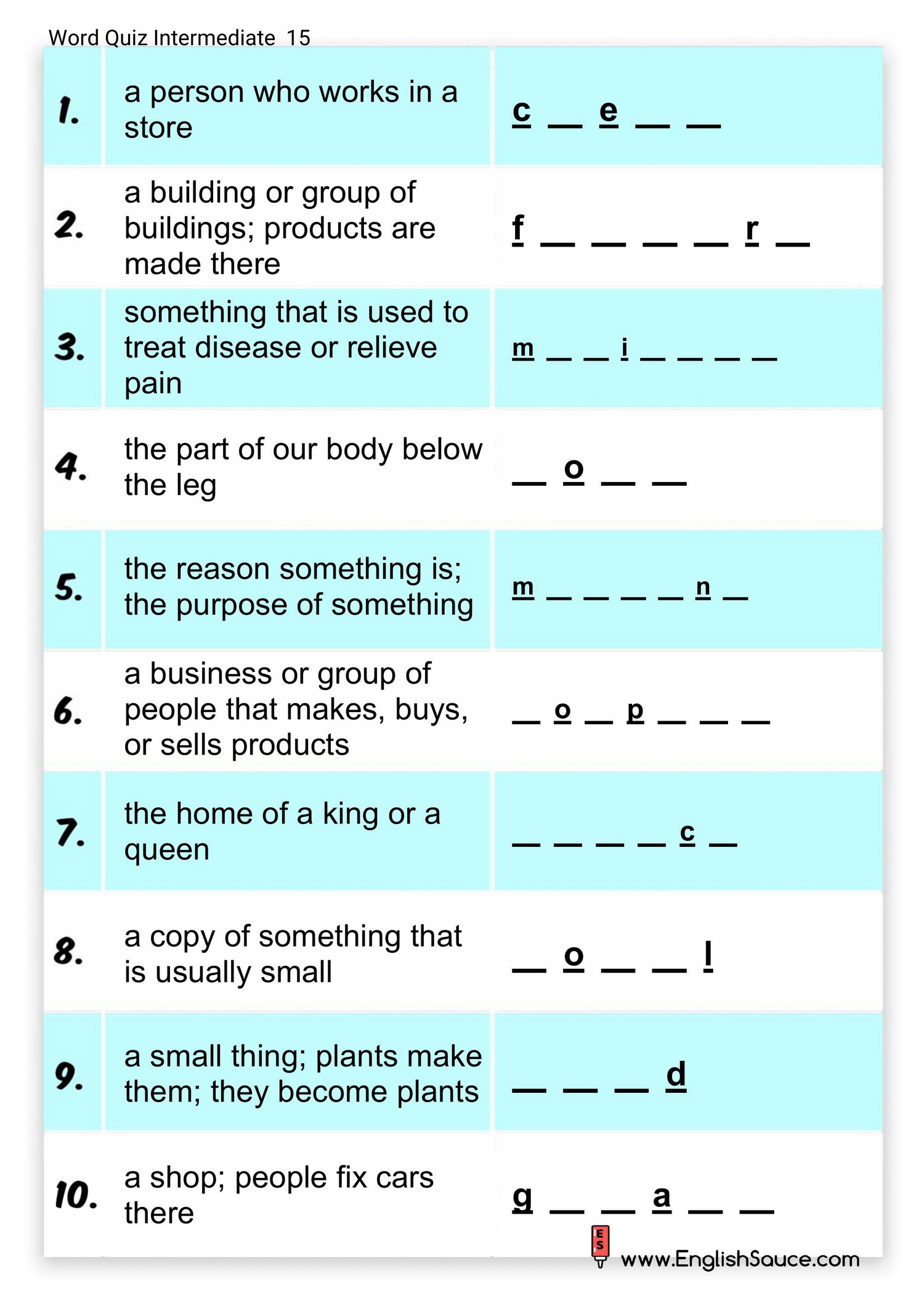 Worksheet – Vocabulary – Word Quiz – Intermediate – 15 - EnglishSauce
