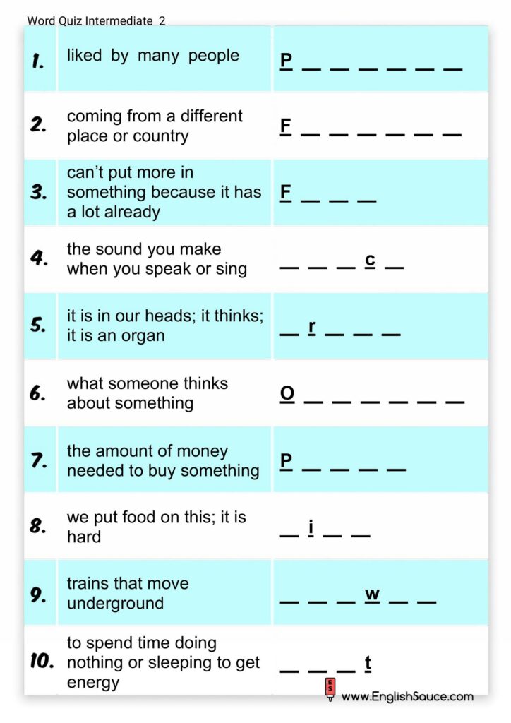 Worksheet – Vocabulary – Word Quiz – Intermediate – 2 - EnglishSauce