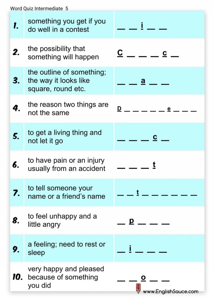 Worksheet – Vocabulary – Word Quiz – Intermediate – 5 - EnglishSauce