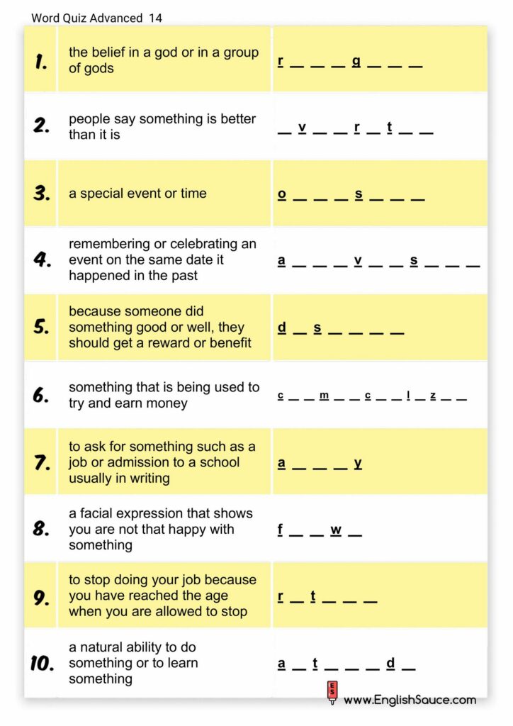 Worksheet – Vocabulary – Word Quiz – Advanced – 14 - EnglishSauce
